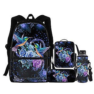 ZFRXIGN Flower Hummingbirds Backpack Purse for Women with Lunch Box Pencil Case Water Bottle Holder Girls Book Bag Middle School Rucksack Lunch Tote Bags Pencil Pouch