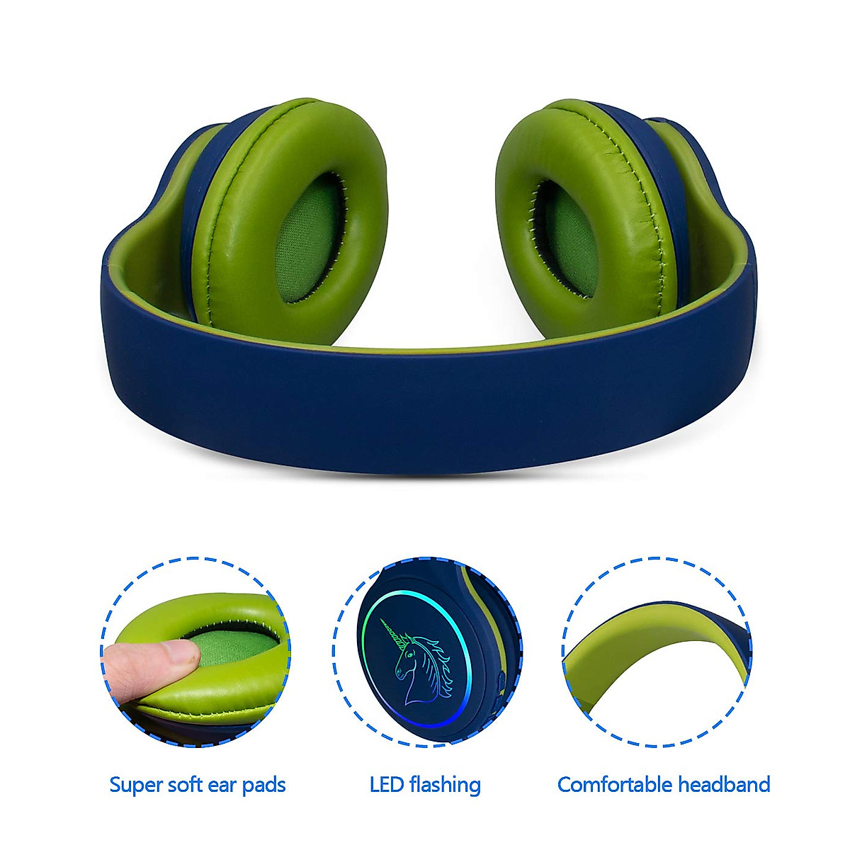 YUSONIC Wireless Headphones with led Lights, Kids Bluetooth Headphones for Boys Girls School/Travel/Phone/Kindle/pc/tv / MP3/tablet/laptop. (Blue Green)