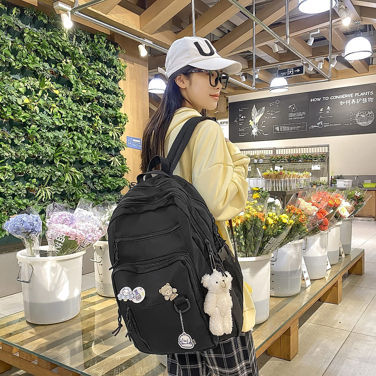 MININAI Aesthetic College Backpack with Pins and Plushies Kawaii Laptop Backpack Preppy Daypack Cute Travel Bag Book Bag (Black,One Size)