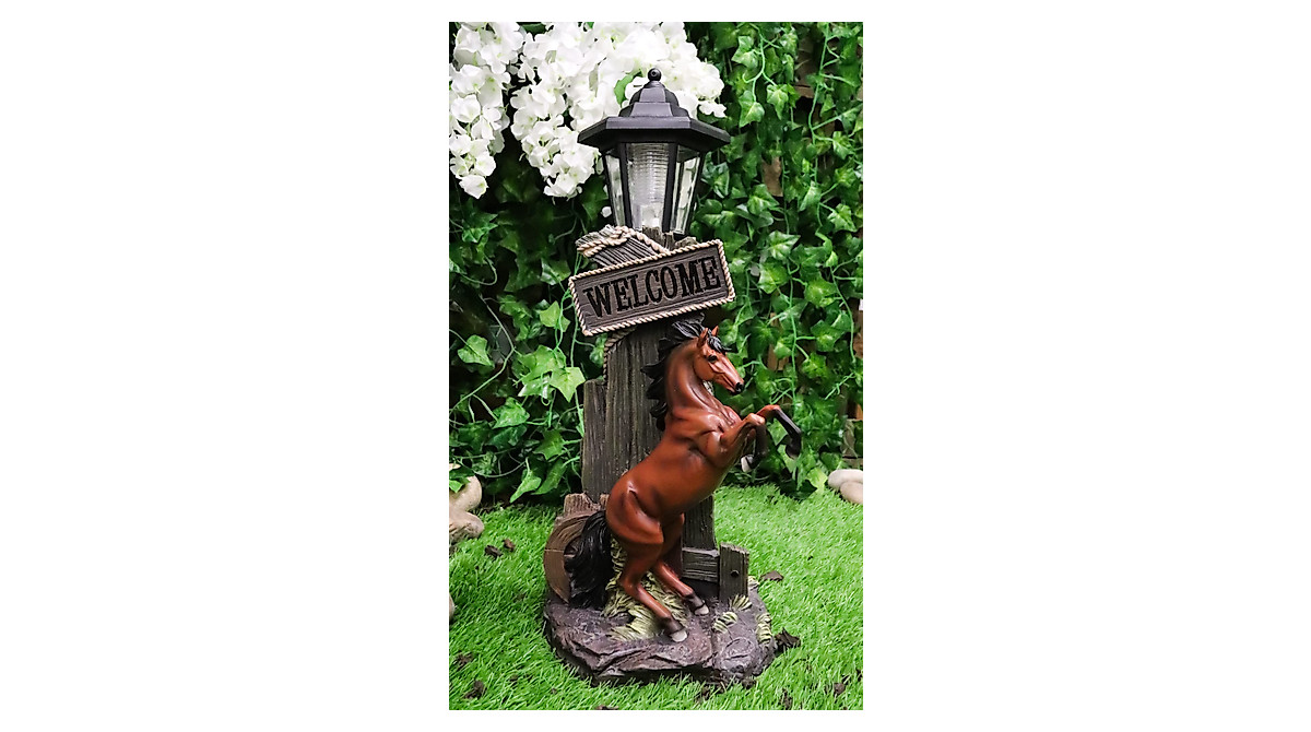 Ebros Rustic Chestnut Horse Statue with Solar Lantern
