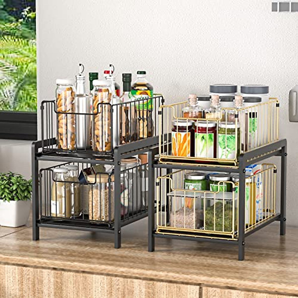 2 Tier Under Sink Organzier, NPPLUS Iron Under Sink Cabinet Organizers With Sliding Drawer, Pull-Out Home Organizer For Bathroom, Kitchen - Black