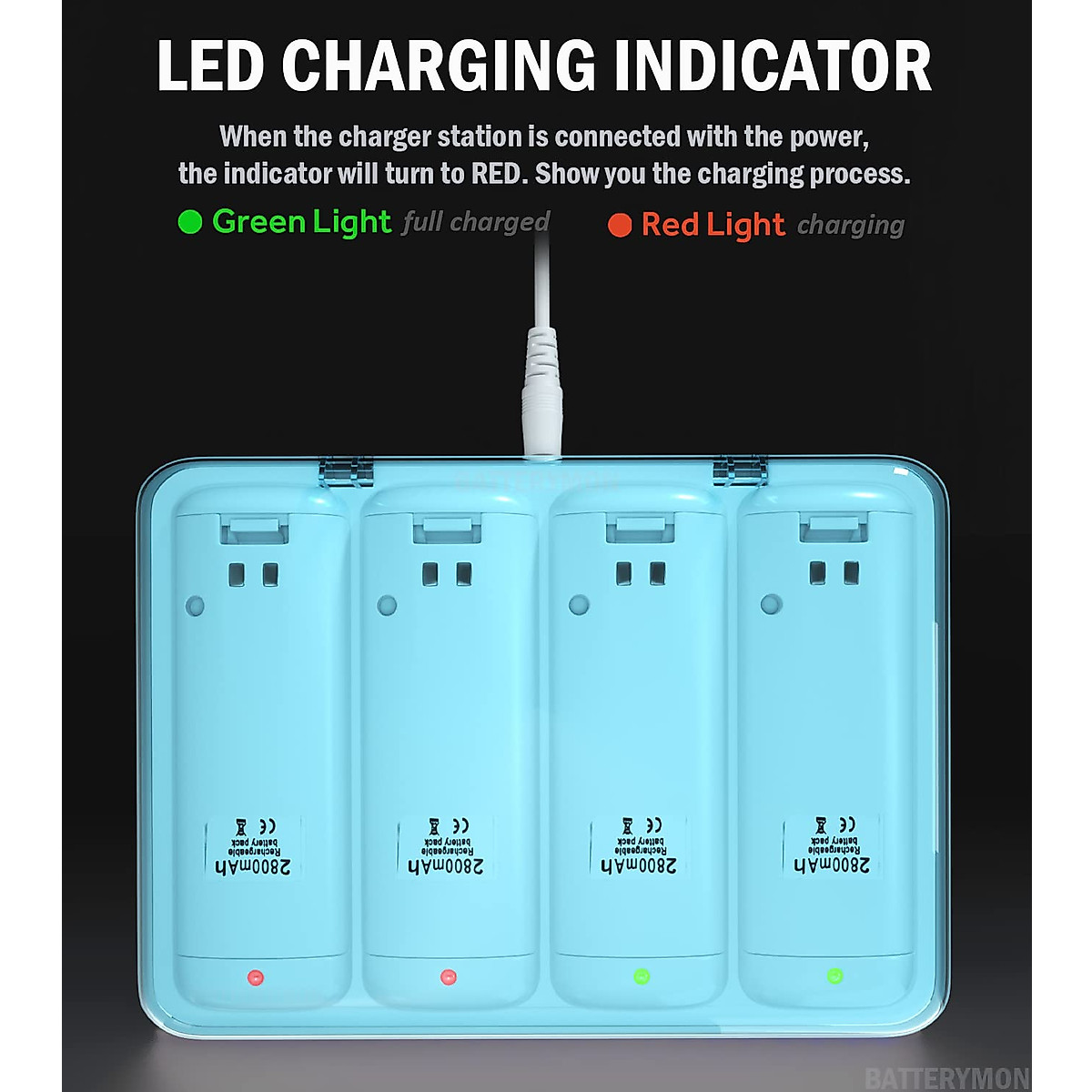 4-Ports Charging Station for Wii Remote Controller Battery, 4pcs Rechargeable Batteries for Wii WiiU Game Controller