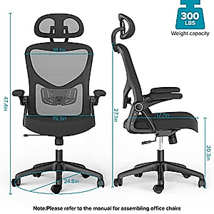 Ergonomic Mesh Office Chair with Adjustable Headrest & Lumbar Support, Flip-Up Armrest, Tilt Function for Heavy Duty, Black