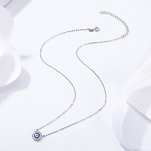 BISAER 925 Sterling Silver Lucky Evil Eye Necklace Blue Cubic Zirconia Pendant Necklaces for Women
