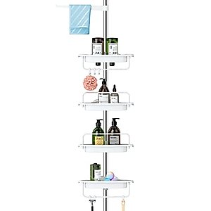 ALLZONE Rustproof Shower Caddy Corner for Bathroom,Bathtub Storage Organizer for Shampoo Accessories,4-Tier Adjustable Shelves with Tension Pole, 56 to 114 Inch, White