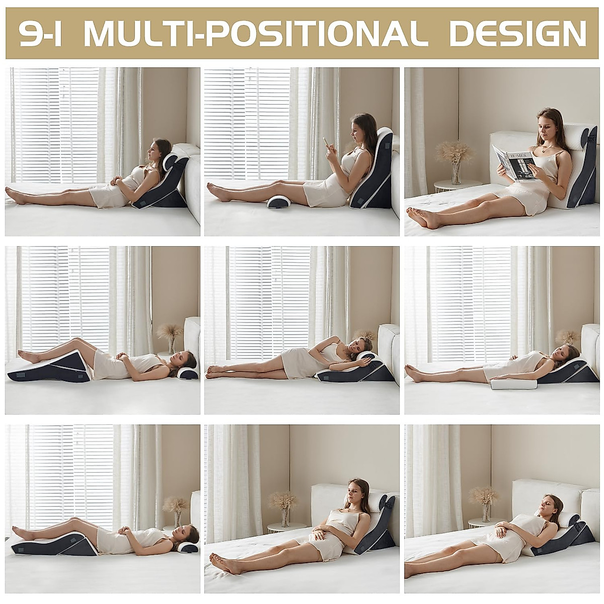 3PCS Qirroboni Orthopedic Bed Wedge Pillow Set, Adjustable Pillows for Neck, Back and Leg Pain Relief Comfortable & Post Surgery Foam - Heartburn, Anti Snoring, Acid Reflux GERD Sleeping Charcoal Grey