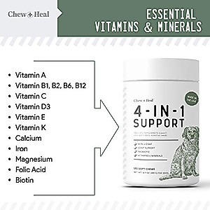 Chew + Heal All in 1 Dog Vitamin - 120 Soft Chew Treats - Chewable Multivitamin with Probiotics, Digestive Enzymes, for Skin and Coat, Hip and Joint Support - with Omega, Calcium - Made in The USA