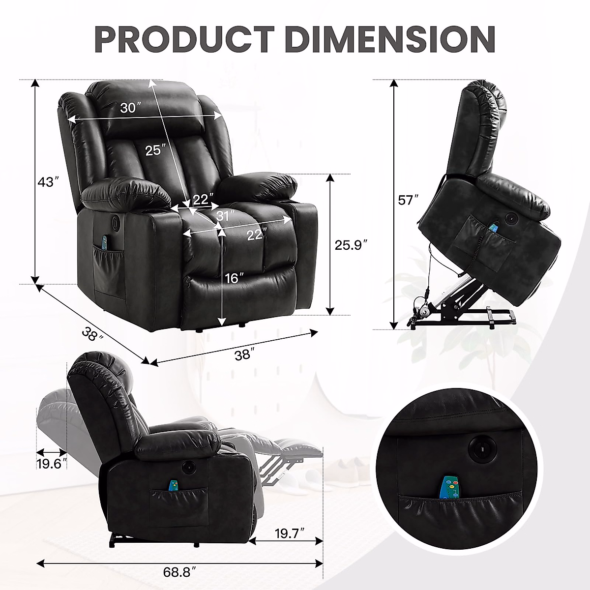 COOSLEEP Power Lift Recliner Chair for Elderly with Massage and Heat, Breathable Leather Recliner Chair for Adults, 2 Cup Holders, USB Ports, Electric Support of Metal,Remote Controls(Black)