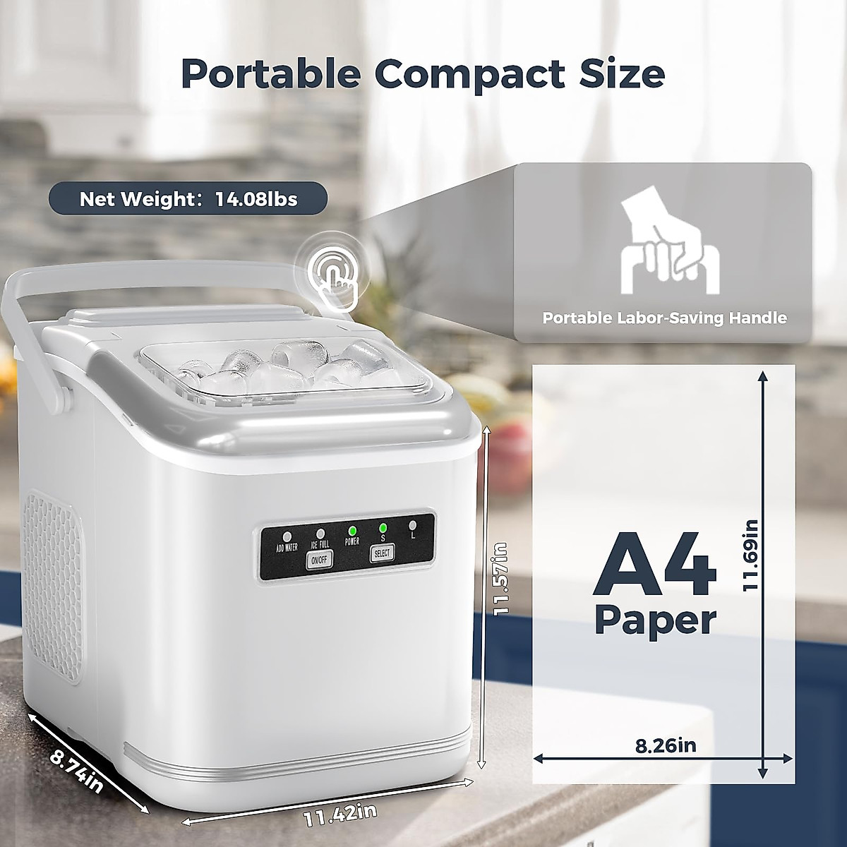 Ice Maker Machine Countertop Portable Small Compact Mini Bullet Ice Maker Self Cleaning, 2 Size of Bullet ice Cubes, 9 Cubes in 6 Mins,Good for Home,Dorm,Indoor,Camping,Outdoors (White)