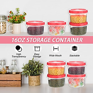 36 Pack Reusable Small Plastic Freezer Storage Container Twist Top Deli Jars with Screw Lid for Food Round Wide Mouth Lunch Snacks Cup, Freezer Dishwasher Safe (Red, 16 oz)