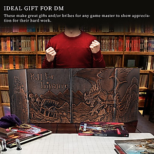 CZYY DND Dungeon Master Screen Faux Leather Embossed Dragon & Mimic, Four-Panel with Pockets DM Screen for Dungeons and Dragon, Pathfinder, D&D