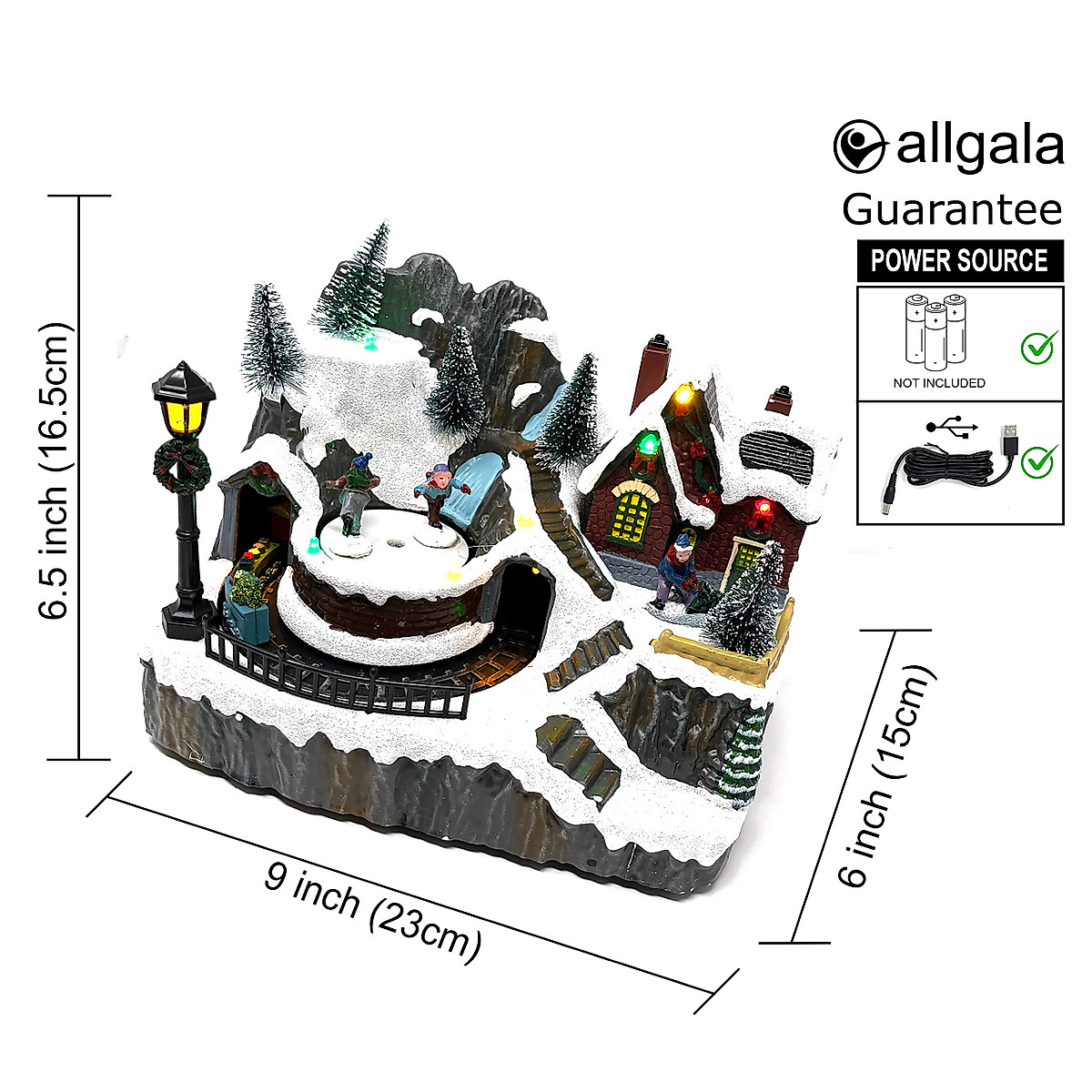 allgala Crafted Polyresin Christmas House Collectable Figurine with USB and Battery Dual Power Source-Moving Train and Skaters-XH93445