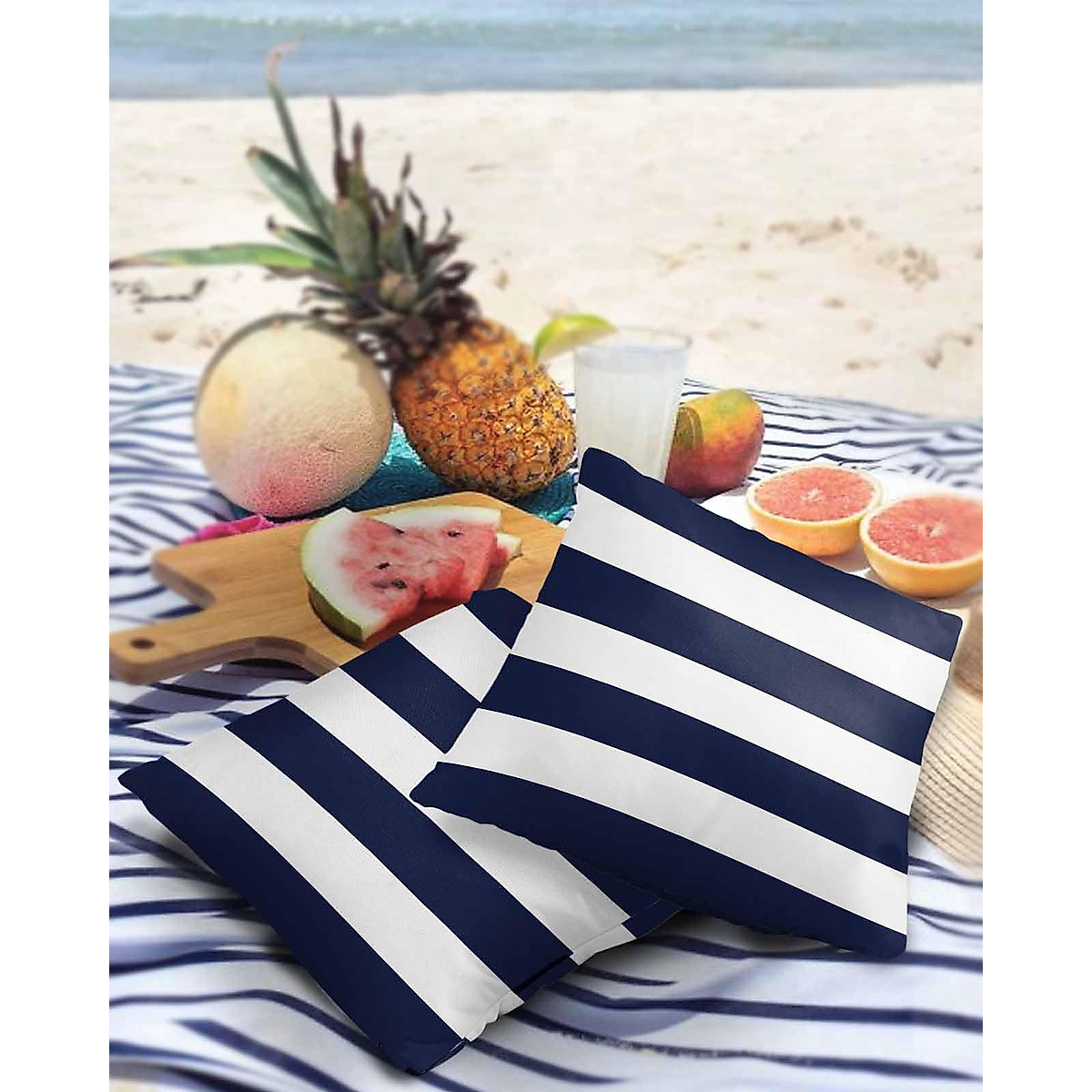 Outdoor Pillow Covers 26x26 Waterproof Polyester Throw Pillow Covers, Navy Blue White Stripes Decorative Pillowcases Garden Cushion Case for Patio Couch Sofa Decoration Set of 2, Geometric Summer