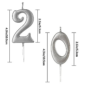 Silver 20th Birthday Candles for Cake, Number 20 Glitter Candle Party Anniversary Cakes Decoration for Kids Women or Men