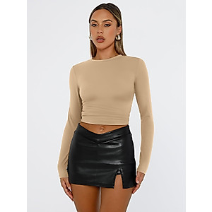 Trendy Queen Womens Long Sleeve Shirts Basic Tees Crop Tops Going Out Spring 2025 Workout Outfits Y2k Clothes Khaki L