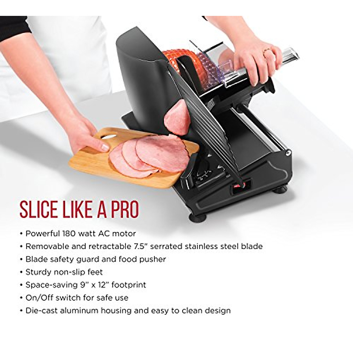 Chefman Die-Cast Electric Meat & Deli Slicer, A Powerful Machine with Adjustable Slice Thickness, Stainless Steel Blades & Safe Non-Slip Feet To Easily Cut Ham, Cheese, Bread, Fruit & Veggies At Home