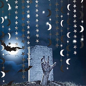 Cheerland New Years Eve Party Decoration Black Silver Crescent Moon Star Garlands for Halloween Birthday Decorations Hanging Twinkle Star Garlands for Bday Wedding EID Graduation Ramadan NYE Supplies