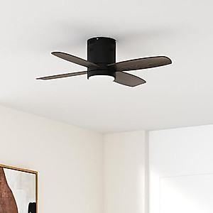 Ohniyou Ceiling Fan with Lights - 38'' Small Flush Mount Ceiling Fans Remote & APP Control - Dimmable Indoor Outdoor Quiet DC Low Profile Ceiling Fan for Patio Kitchen Bedroom(Black)