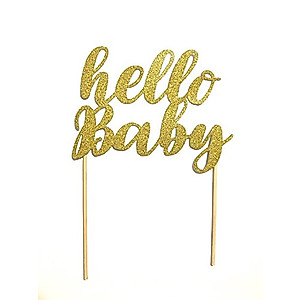 1 pc "hello baby" cake topper script fonts gender reveal baby shower gold silver glitter boy girl