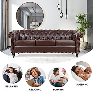 TINGMAMADEHUA Dark Brown Faux Leather 3-Seater Couch, 84in Sofas for Living Room, Bedroom, Office, with Rolled Arm, Deep Seating and Buttoned Classic Chesterfield Sofa