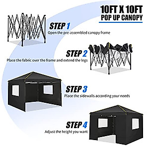 10x10 Pop Up Canopy Tent with 4 Removable Sidewalls, Waterproof Commercial Instant Gazebo Outdoor Tents for Party/Exhibition/Picnic with Carry Bag,4 Stakes & Ropes (Black)