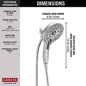 Delta Faucet 5-Spray In2ition 2-in-1 Dual Hand Held Shower Head with Hose, H2Okinetic Handheld Shower Head with Magnetic Docking, Chrome Handheld Shower Heads, Chrome 58620-25-PK, 2.5 GPM Water Flow