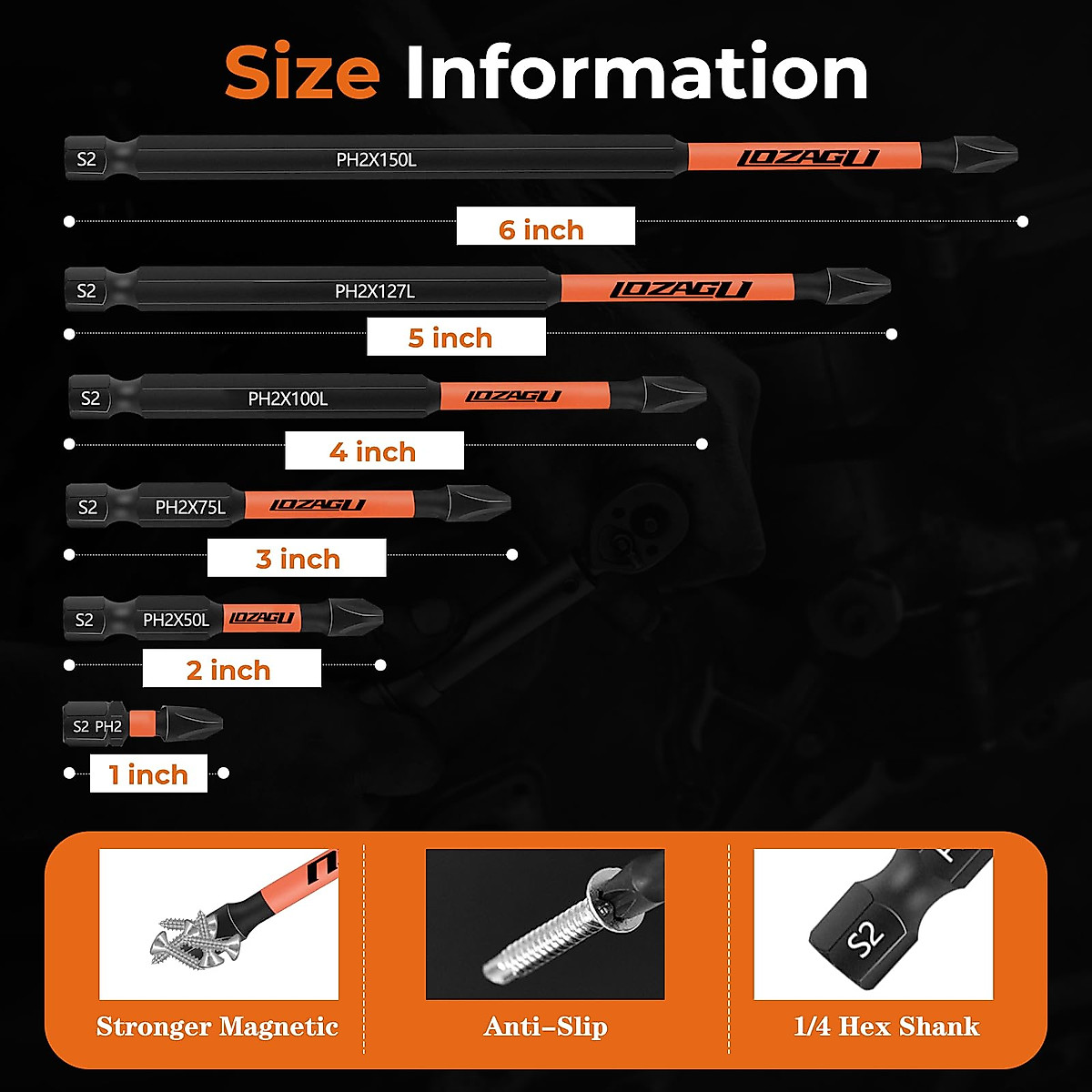 LOZAGU 12-Piece Phillips Bits #2 Impact Magnetic, S2 Steel, 1 2 3 4 5 6 Inch Long 2 Phillips Bits Set, 1/4 Hex Shank Phillips Head Drill Bits