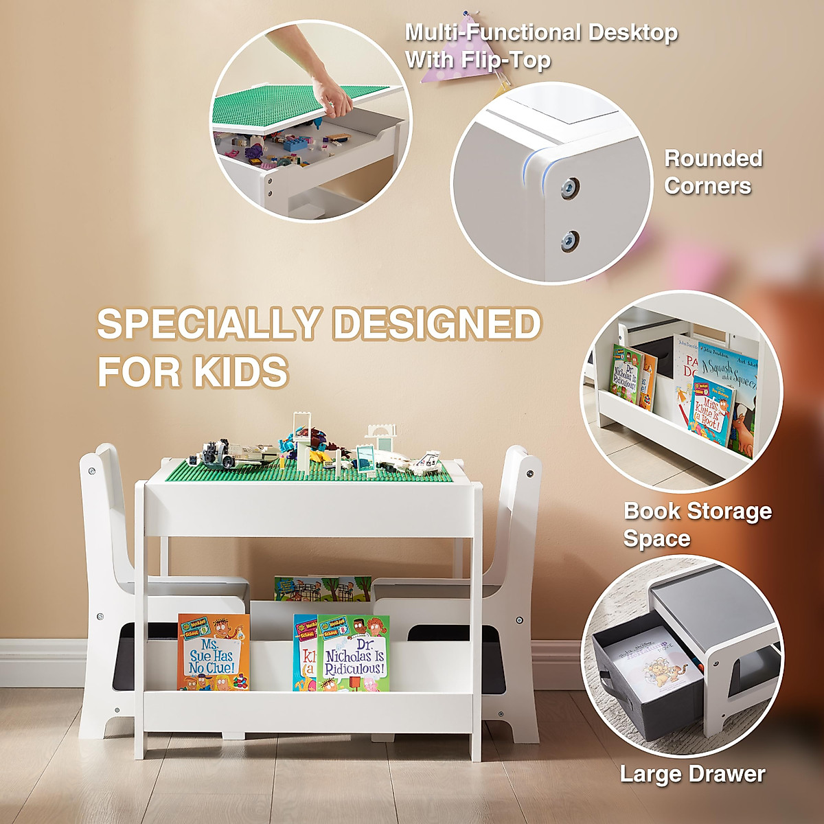 GABHX Kids Table and Chair Set, 4 in 1 Wooden Activity Table with Bookshelves and Storage Drawer, 2 in 1 Detachable Tabletop Construction Play Table Set for Drawing, Reading, Build Blocks