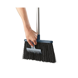 Joseph Joseph CleanStore Wall-Mounted Adjustable Long Handle Broom Sweeper with Dust-Shield Storage, Indoor Sweeping Floor Brush with Soft Bristles and Comb