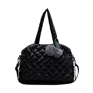 JQWYGB Nylon Tote Bags for Women - Trendy Puffer Tote Bag Purse Soft Padded Cotton Quilted Crossbody Handbag with Cute Pompom Pendant