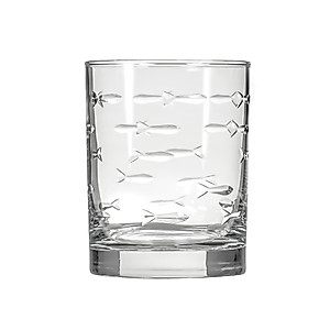 Rolf Glass School of Fish 13oz Double Old Fashioned Glass | Whiskey Glass Set of 4 | Lead-Free Glass | Engraved Tumbler Glasses | Designed and Engraved in the US