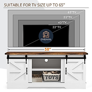 oneinmil 58 Inch Farmhouse TV Stand, Modern Rustic Entertainment Center with Sliding Barn Door and Storage Cabinets, Metal Media TV Console with Shelf for TVs up to 65 Inch in Living Room, White