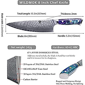 WILDMOK Chef Knife, 8 inch Damascus Japanese chef's knives, Resin Handle kitchen knife, sharp knives kitchen Cooking Knife, chef's knives Including Gift Box