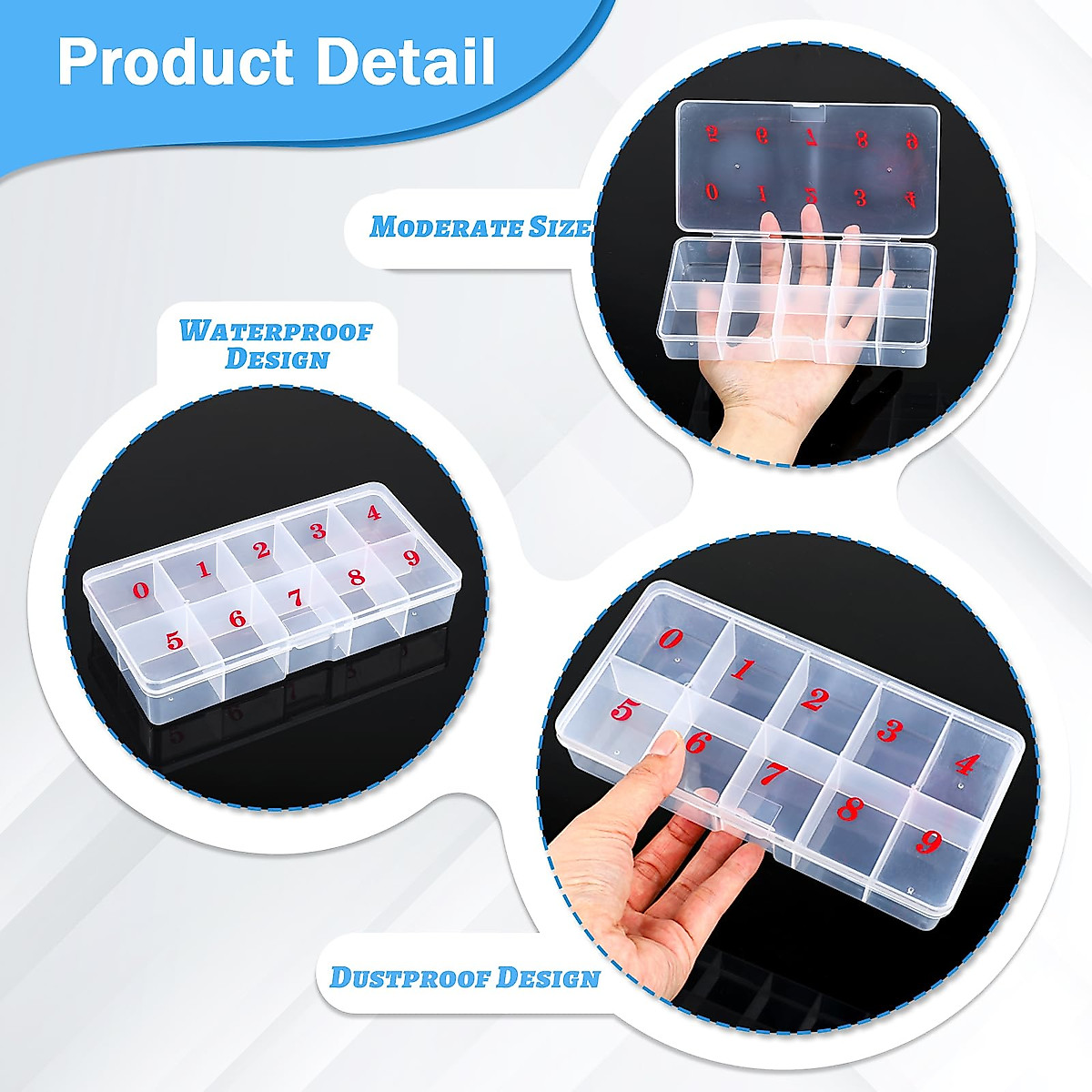 Mozeat Lens 2 Pieces Nail Tip Box Plastic Nail Organizer Storage Boxes with 10 Number Spaces Transparent False Nail Tip Storage Case Container Clear Plastic Grid Box for Fingernail Crystal, Jewelry