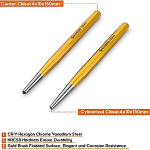 Acrux7 6 Pcs Cold Chisel Set - Flat Chisel, Center Chisel, Cylindrical Chisel, with Canvas Bag, Cone Chisel for Brickwork, Concrete, Metal, Stone
