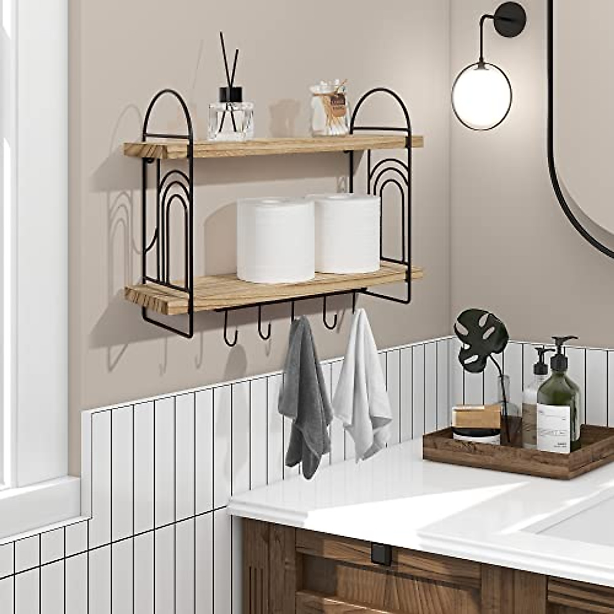 Sapowerntus Floating Shelves 2 Tier Wall Mounted with Hooks, Mid Century Modern Bathroom Kitchen Rustic Wood Hanging Shelf, Coffee Bar Display Storage Decor, Arched Geometry Bracket Design