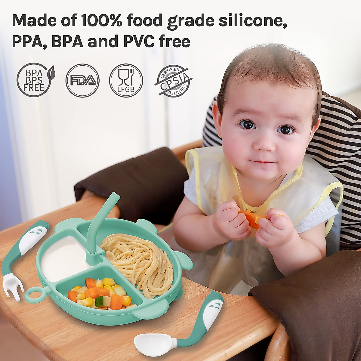 Qishare Silicone Suction Plates for Babies & Toddlers - Strong Suction Grip Divided Dish - Self Eating Utensils Set with Straw, Fork, Spoon for Kids - Dishwasher-Safe Toddler Plates (Green)