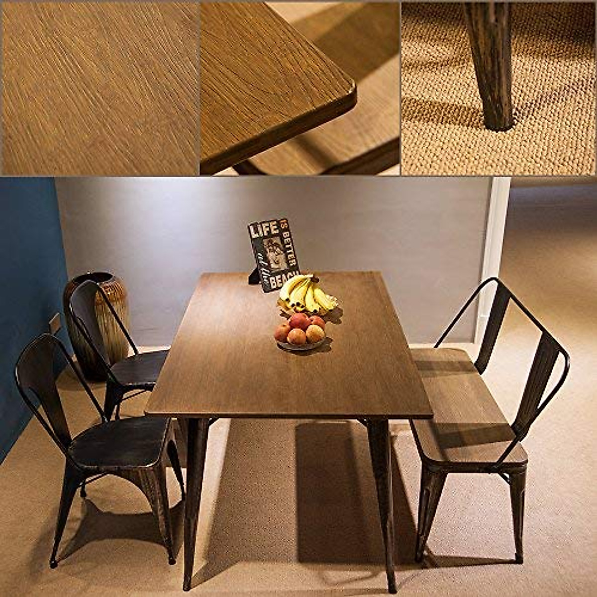 Merax Antique Style Rectangular with Metal Legs 59''x 36'', Distressed Black, Only Table Not Include Bench or chairs