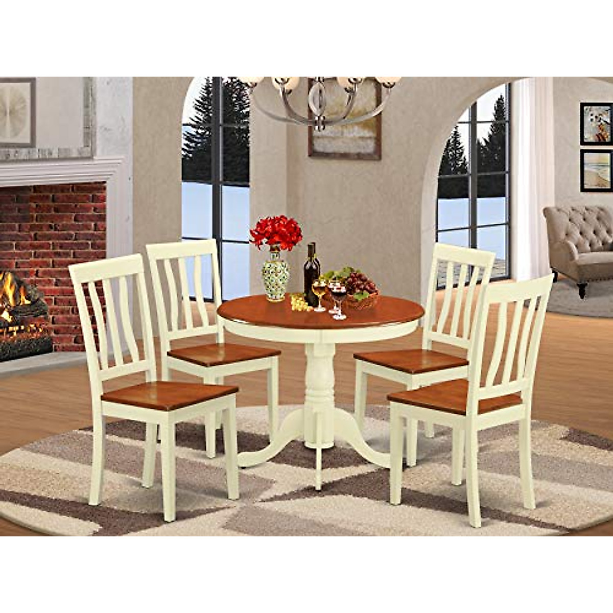 East West Furniture Antique 5 Piece Modern Set Includes a Round Kitchen Table with Pedestal and 4 Dining Chairs, 36x36 Inch, Buttermilk & Cherry