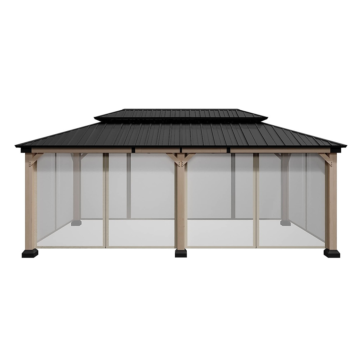 Cedar Wood Gazebo 12x20Ft Hardtop Gazebo Solid Cedar Wood Framed Gazebo Canopy Outdoor Fir Wood Galvanized Steel Double Roof Pavilion Heavy Duty for Patio Lawn Garden with Netting