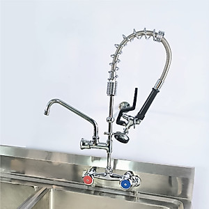 MaxSen Wall Mount Faucet 4 inch to 8 Inch Adjustable Center 25" Height Brass Commercial Kitchen Sink Faucet with Sprayer Pre-Rinse Faucet with 8 Inch Add on Spout Fit for Restaurant and Hotel