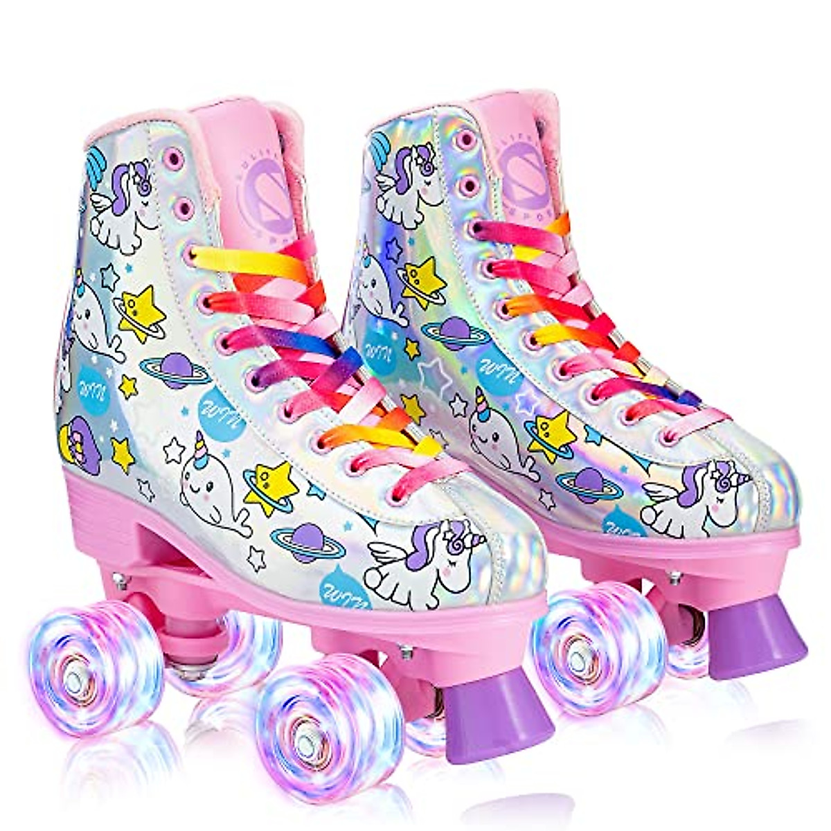 SULIFEEL Rainbow Unicorn Roller Skates for Girls Light up Wheels Womens Quad Skates with High Top Reflective TPU Leather Unicorn