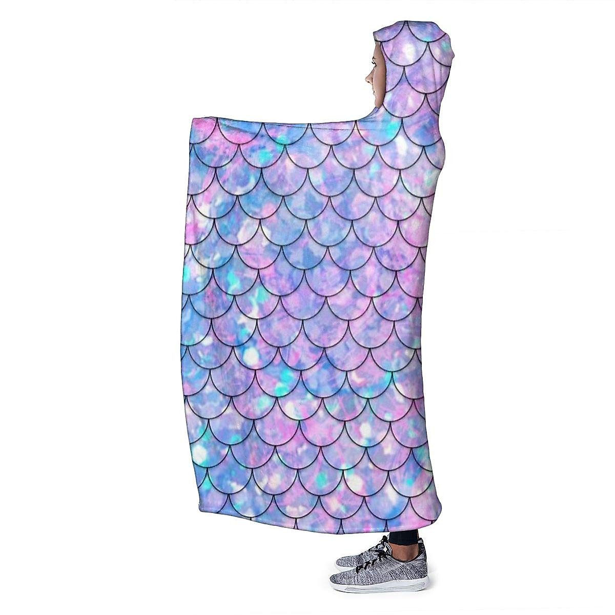 321DESIGN Mermaid Fish Scale Wearable Blanket Fleece Hooded Robe Cloak Throw Quilt Poncho Microfiber Sherpa Plush Warm Wrap Multiple-Size Child(50"x40"in)