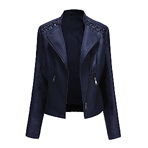 MODFUL Women's Faux Leather Moto Jacket Casual Short Solid Color PU Biker Coat with Pockets(Navy,Medium)