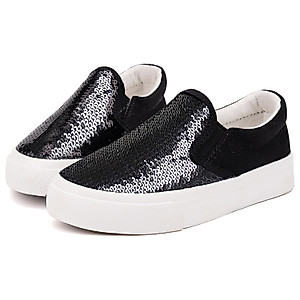 Toandon Girls Boys Kids Sneakers Loafer Shoes Slip On Toddler Sequins Glimmer Glitter Canvas Sparkle Low Top Non Slip Rubber Sole Lightweight Breathable Walking Outdoor Fashion Casual Black Size 2