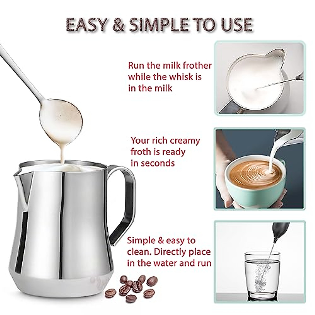 Rechargeable Milk Frother Handheld with Stand and Stencils - Usb Stainless Steel Stand or Wall Hanging for Kitchen Coffee Bar Electric Whisk Hand Blender Mixer for Latte Cappuccino Egg Protein Powder
