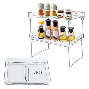 EsLuker.ly Set of 3 Stackable Cabinet Shelf Kitchen Cabinet Organizers and Storage, Foldable Cabinet Storage Shelf Rack Kitchen Counter Shelves for Pantry Cupboard, Clear Plastic/Metal