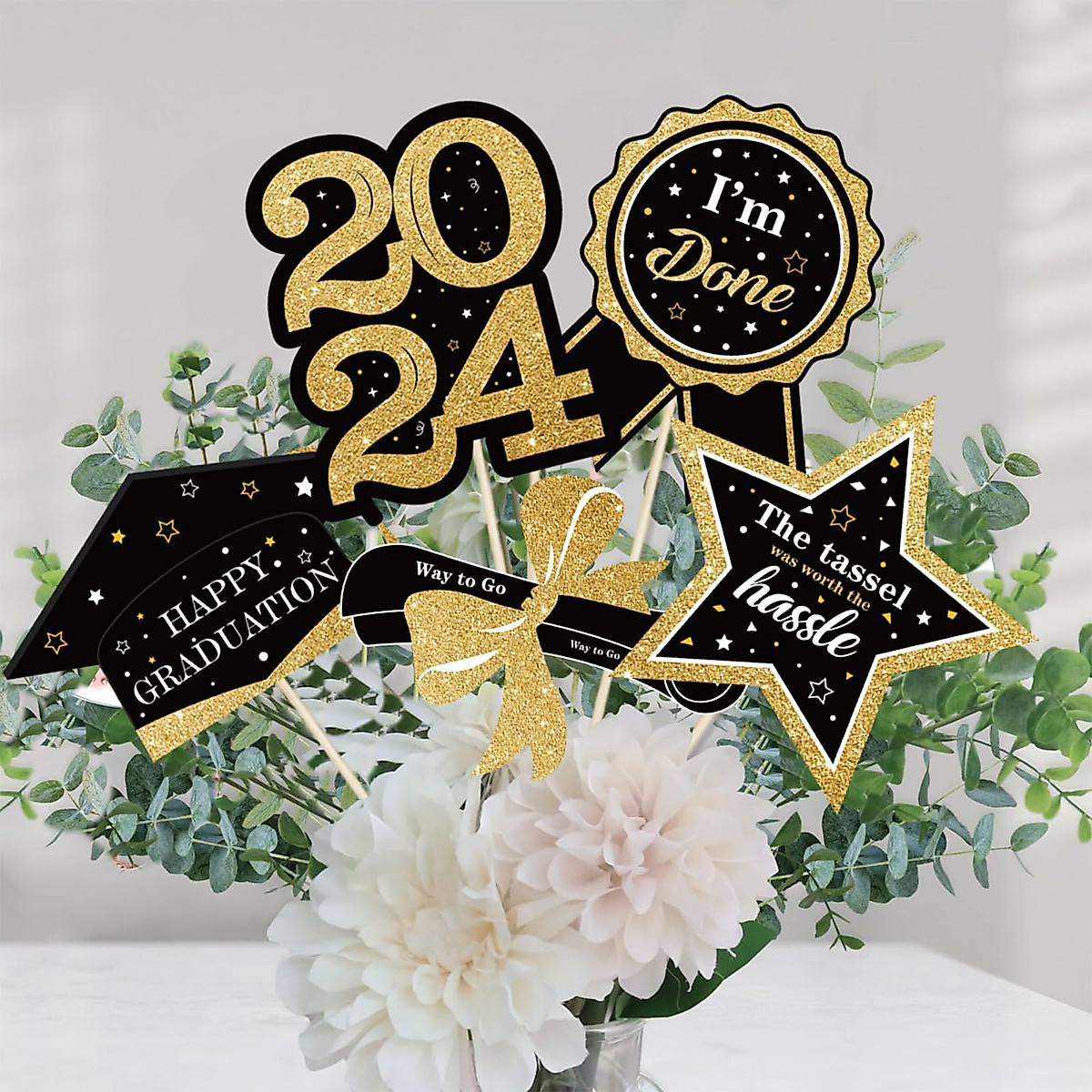 kockuu 36pcs Black Gold Graduation Decorations for Class of 2024 - Black Gold Double Sided Graduation Table Centerpieces Sticks with LED String Light for College High School Grad Party Decor Supply