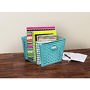 Spectrum Diversified Macklin, Stamped Steel & Wire Basket for Closet & Cubby Storage Vintage-Inspired Design with Customizable Label Plate, Large, Teal