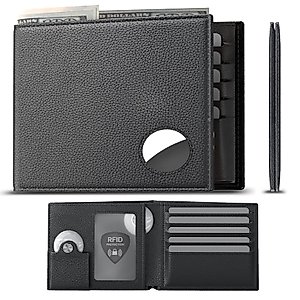typecase Mens Leather Wallet with AirTag Holder: Hidden Pocket Compatible with Apple Air Tag,Top Grain Leather, Bifold, Slim, RFID Blocking - 10 Card Capacity | Bill Divider | ID Window (Black)